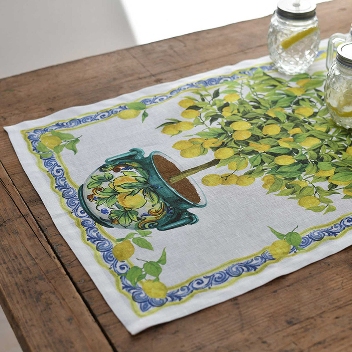 Luxury Linen Tablecloth | Italian Design with Potted Lemons – Origine ...